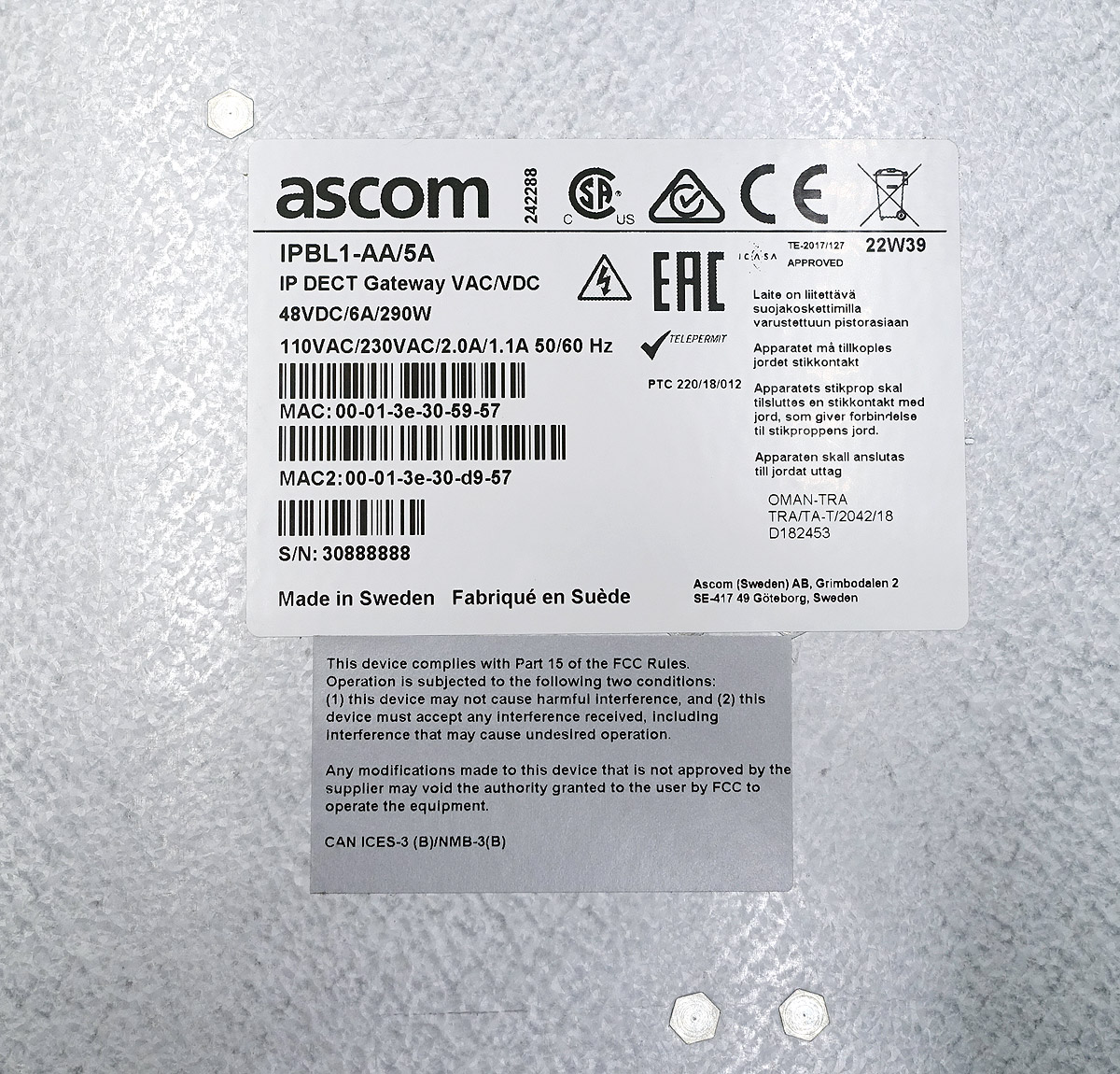 Ascom IP DECT Gateway VAC/VDC 230V~/ 48V= IPBL1-AA