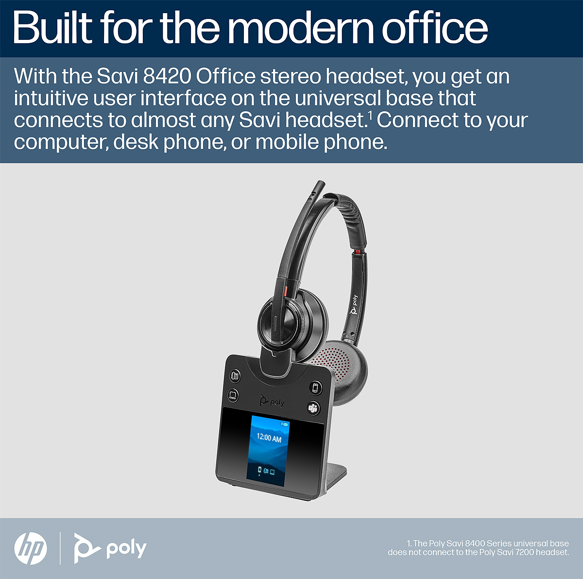 Poly Savi 8420 Office Stereo Microsoft Teams DECT 1880-1900 MHz Headset ...